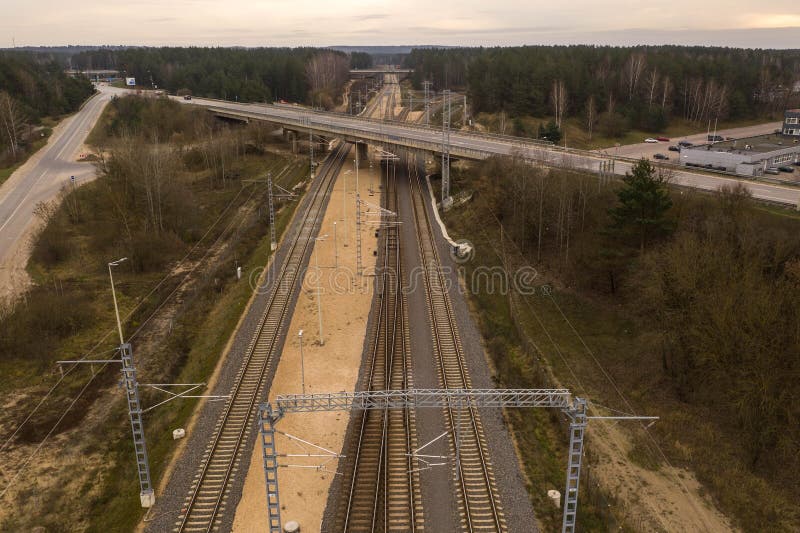 Drone View of Train Tacks and Highway Bridge Above it Stock Image ...