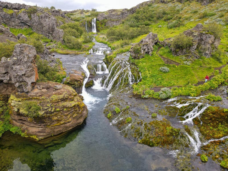 Drone View at the Waterfalls of Gjain in Iceland Stock Photo - Image of ...
