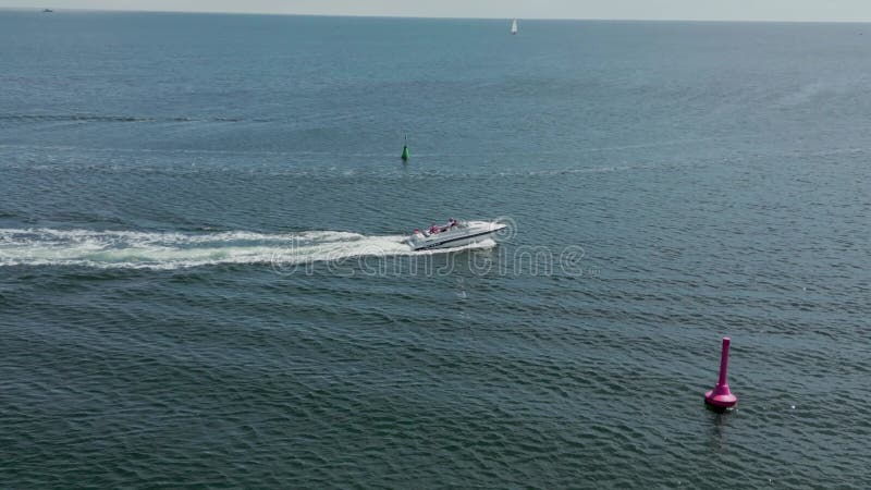 Drone View of the White Boat Driving in the Water, Fehmarn Island ...