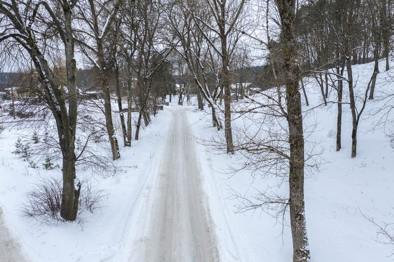Drone View of Winter Rural Snow Road Stock Image - Image of beautiful ...