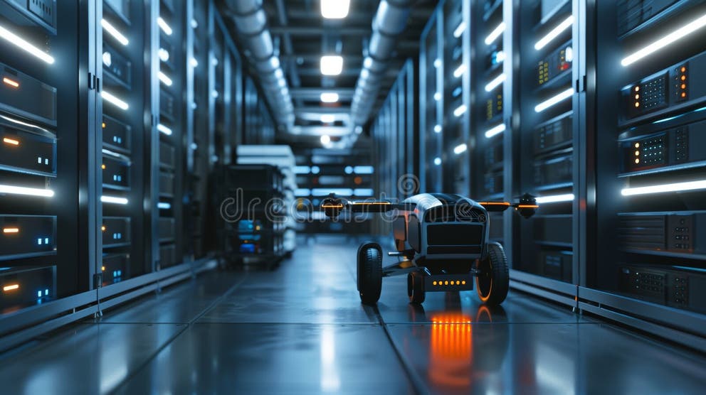 Drone on Wheels Exploring Server Room in a Realistic Scene of Navigating the High Tech ...