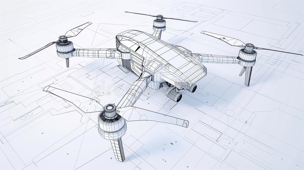 Drone Wireframe Render on Blueprint Layout Stock Illustration ...