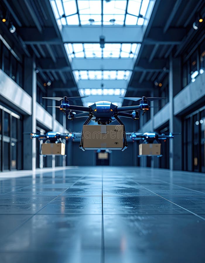 Drones Autonomously Deliver Packages in a Stock Image - Image of ...