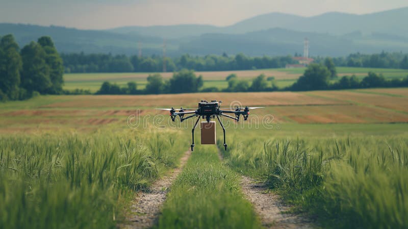 Drones Carry a Package in a Fields Stock Photo - Image of field ...