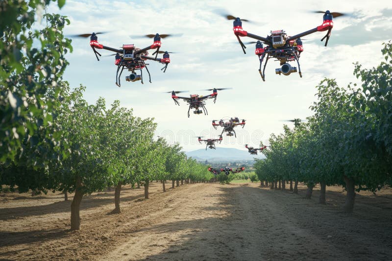 Drones Conducting Agricultural Tasks in an Expansive Orchard during ...