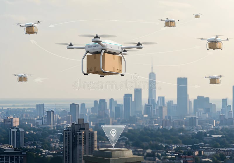 Drones Delivering Packages Above City Skyline Representing Future ...