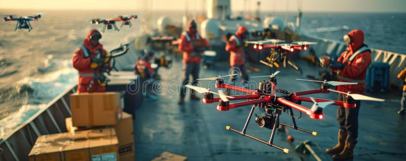 Drones Delivering Packages on a Ship with Crew Members Preparing ...