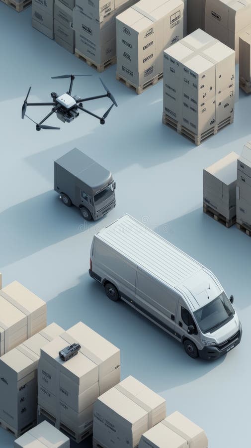 Drones and Delivery Vans Manage Logistics in a Modern Warehouse ...