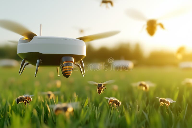 Drones Designed As Bees Hover Over Flowering Plants in a Lush Green ...