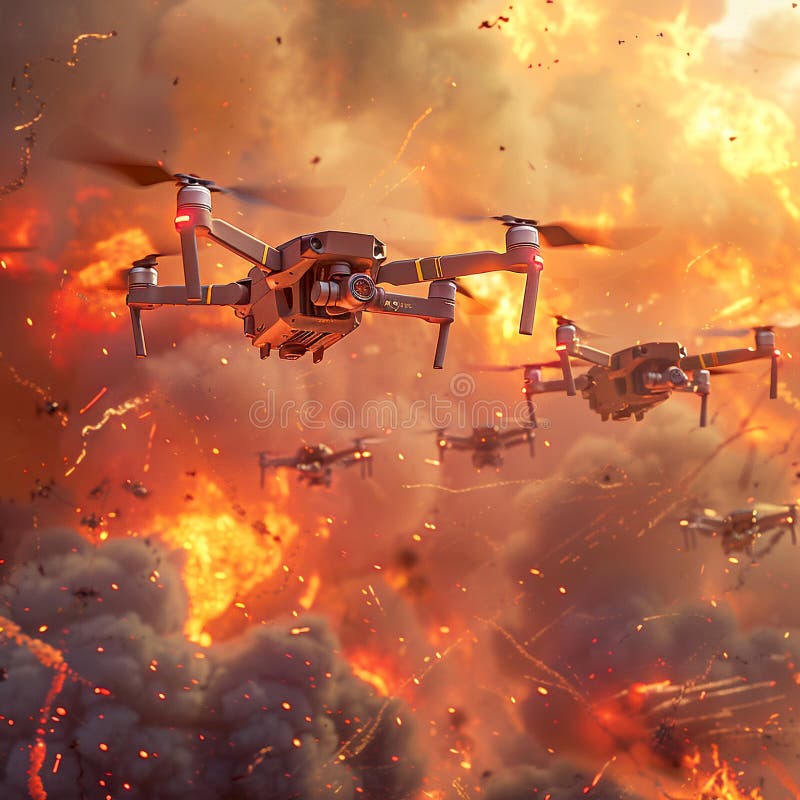 Drones Engaged in Action Amid Fiery Explosions during a Dynamic Combat ...