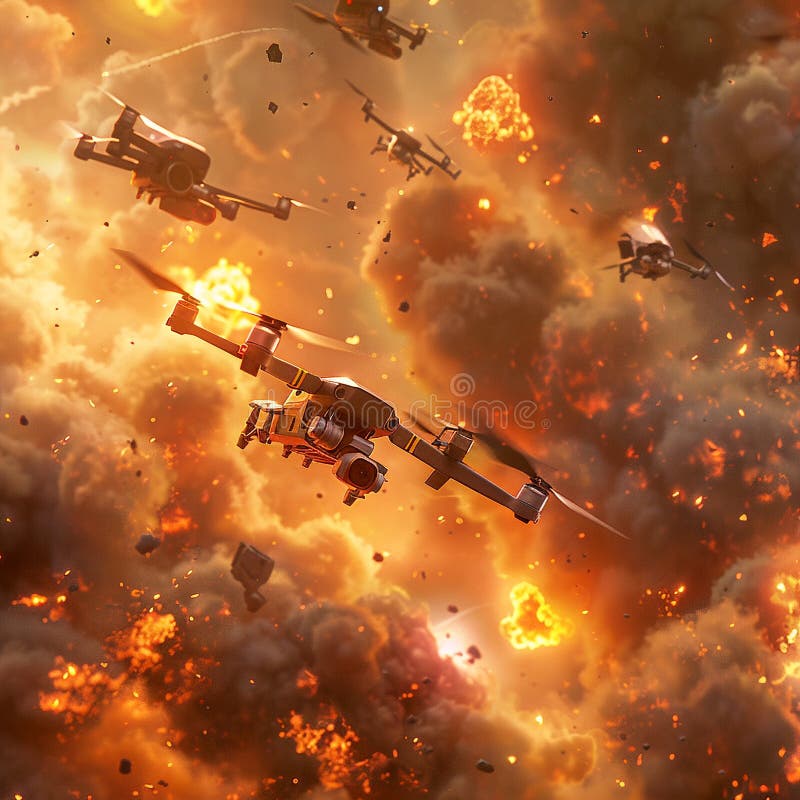 Drones Engaging in Battle Amidst Explosions and Smoke during Night ...