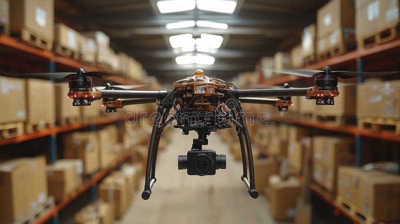 Drones Equipped with Cameras Navigate through a Warehouse at Sunset for ...