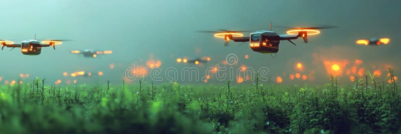 Futuristic Drones Scanning Crops Over Green Fields in a High-tech ...
