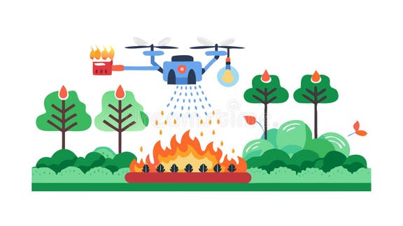 Drones Extinguishing Fire in Forest, Automated Fire Response Vector ...