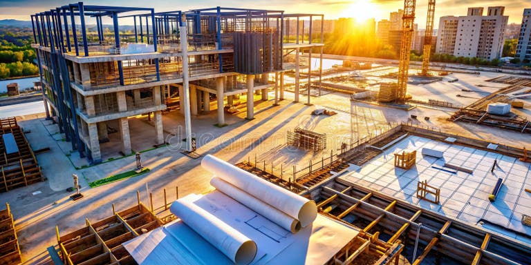 Drones Eye View Captures Construction Site Blueprint Rolls and Architectural Plans for Precise ...