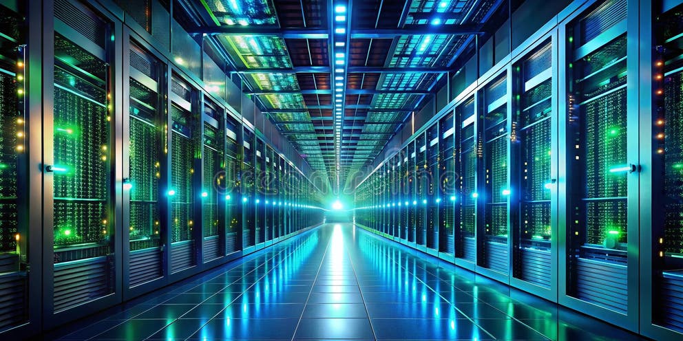 Drones Eye View of a Modern Data Center Illuminated Server Rooms and ...