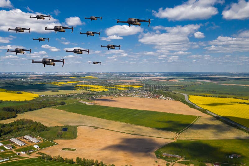 Drones Fly Over the Fields. Natural Landscape with Drones and ...