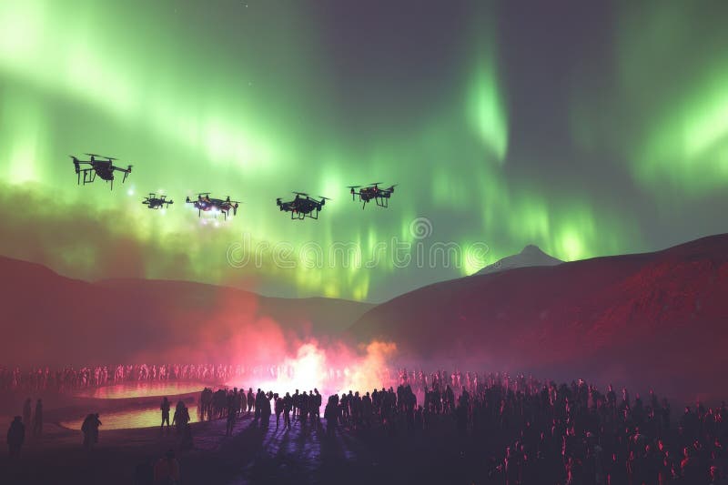 Drones Fly Under the Northern Lights during a Nighttime Gathering in a ...