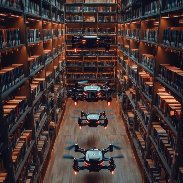 Drones Flying Above Bookshelves in Modern Library Setting Stock ...