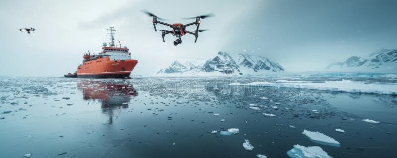Drones Flying Above Icy Waters and a Research Ship in Antarctica Stock ...