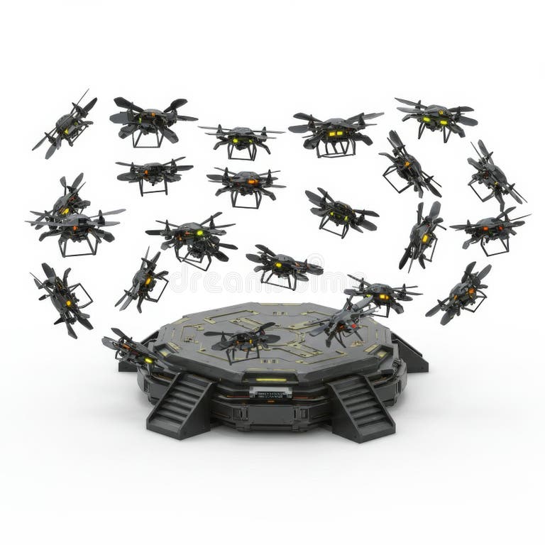 Drones Flying Around Black Platform Artificial Intelligence Machine in White Background Stock ...