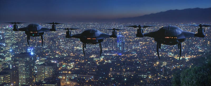 Drones Flying in Formation Above a City at Night Stock Illustration ...