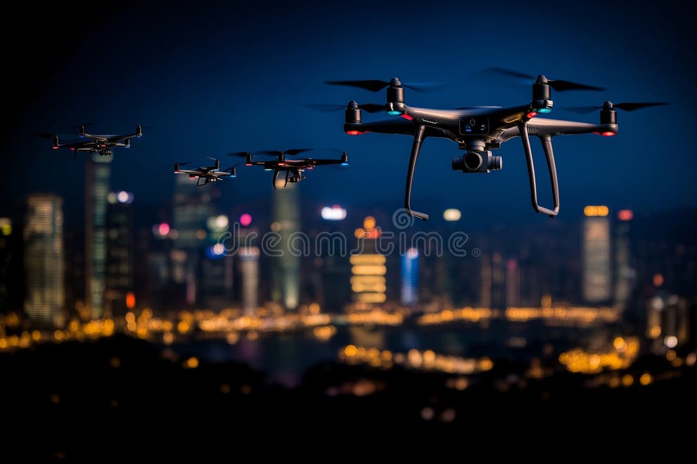 Drones Flying in Formation Against a City Skyline at Night. Stock ...