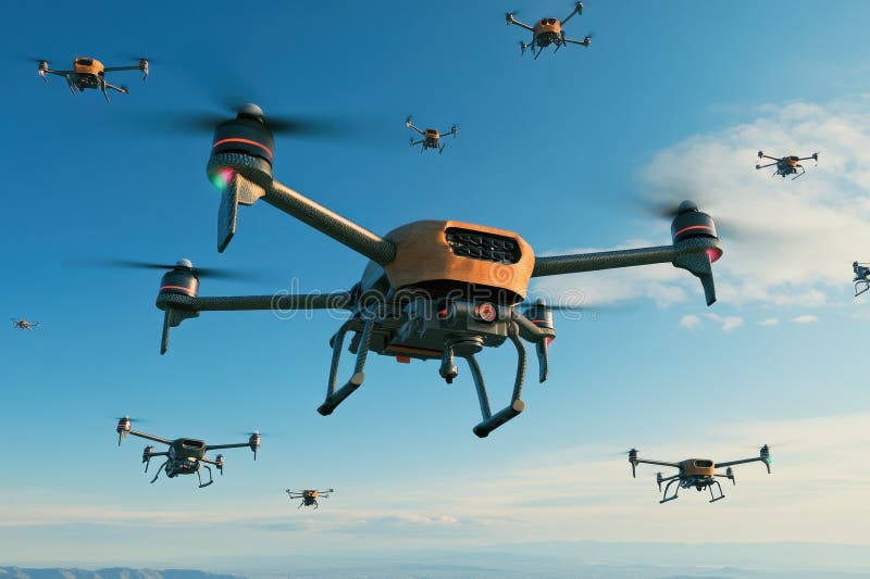 Drones Flying in Formation Over an Open Landscape on a Clear Day Stock ...