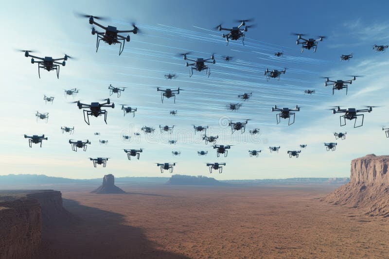 Drones Flying in Formation Over Vast Desert Landscape during Daylight ...