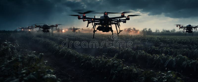Drones Flying Over Agricultural Fields at Dusk, in Formation Stock ...