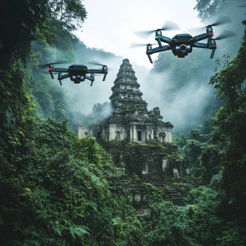Drones Flying Over Ancient Temple Surrounded by Lush Greenery Stock ...