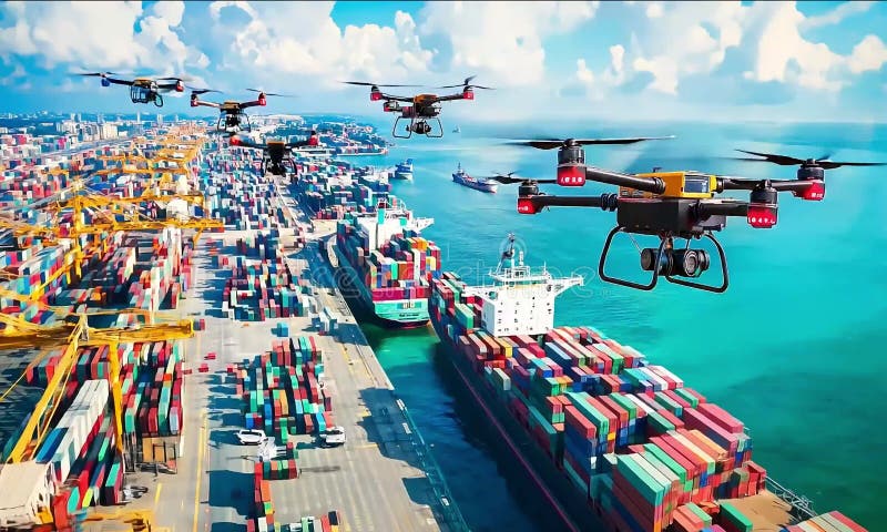 Drones Inspecting Cargo Ships - Drones Flying Over a Busy Cargo Port ...
