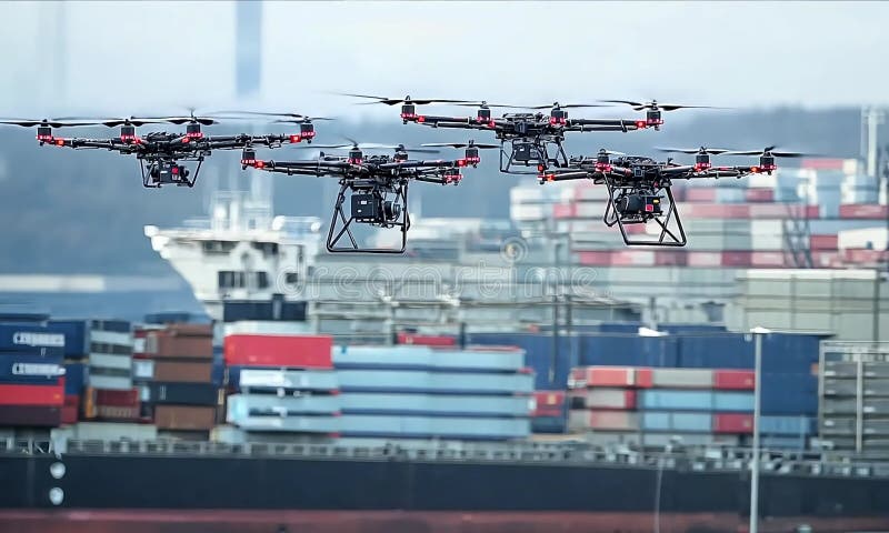 Drones Flying Over Cargo Ship. Four Drones Flying Over a Cargo Ship ...