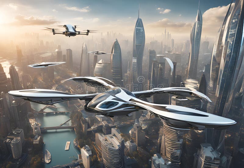 Drones Flying Over the City. 3d Rendering. the Concept of the Future ...