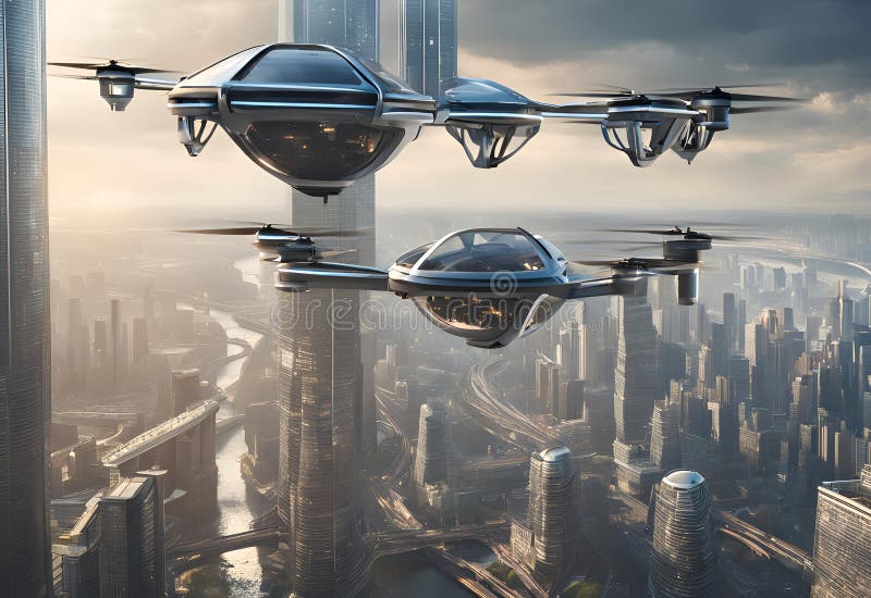 Drones Flying Over the City. 3d Rendering. the Concept of the Future ...