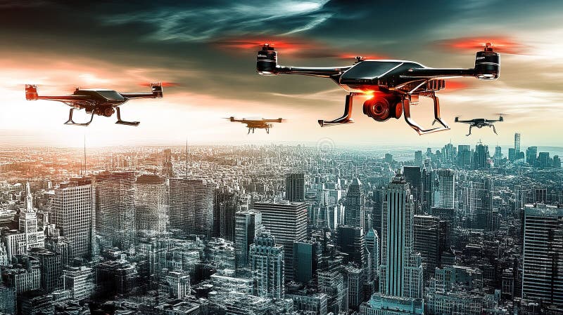 Drones Flying Over a City Skyline at Sunset, Capturing Panoramic Views ...
