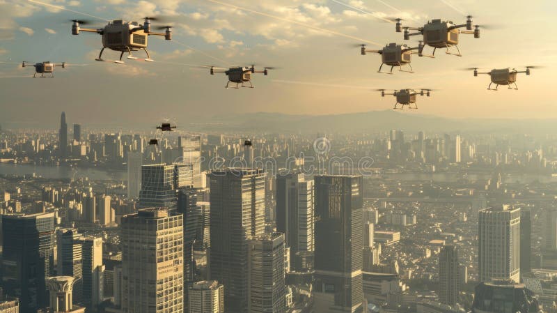 Drones Flying Over City Skyline at Sunset Stock Image - Image of future ... Drones Flying Over City Skyline at Sunset Stock Image - Image of future ...