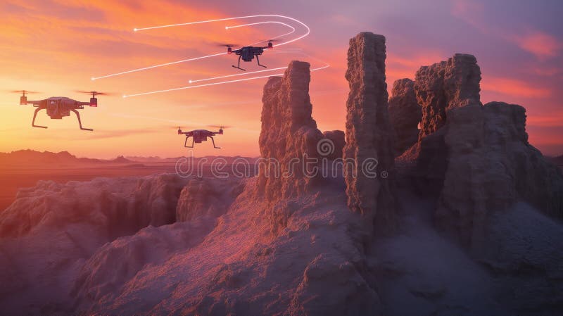 Drones Flying Over Desert Rock Formations Stock Illustration ...