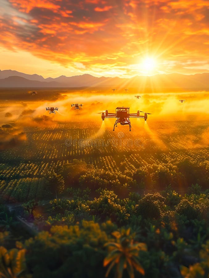 Drones Flying Over a Field at Sunset Stock Image - Image of land, drone ...