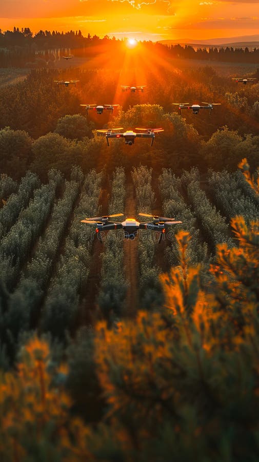 Drones Flying Over a Field at Sunset Stock Image - Image of field ...