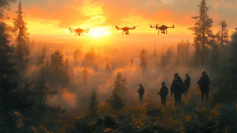 Drones Flying Over a Forest with a Team Observing at Sunrise Stock ...