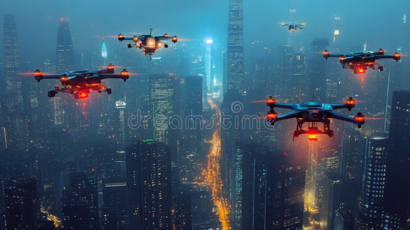 Drones Flying Over a Futuristic City at Night Stock Illustration ...