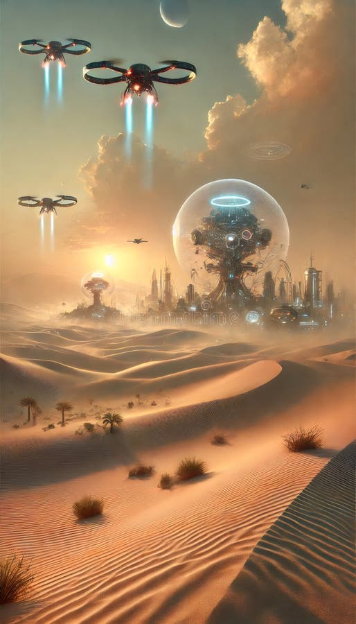 Drones Flying Over Futuristic Desert City at Sunset with Energy Domes ...