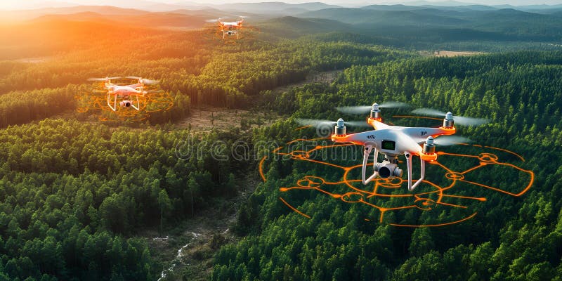 Drones Flying Over Lush Green Forest Stock Illustration - Illustration ...