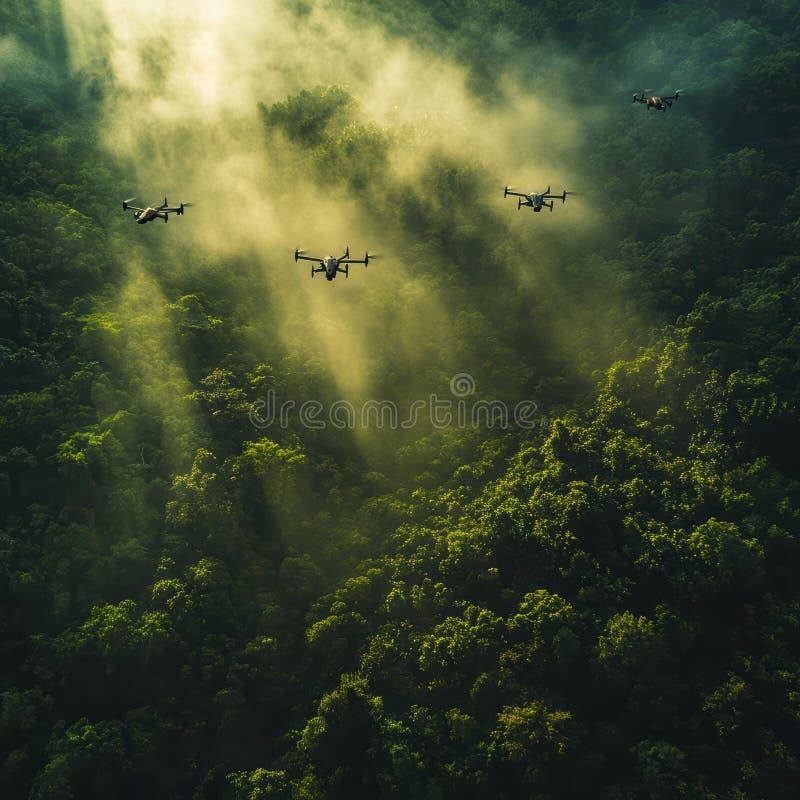 Drones Flying Over Lush Green Forest with Misty Atmosphere Stock ...