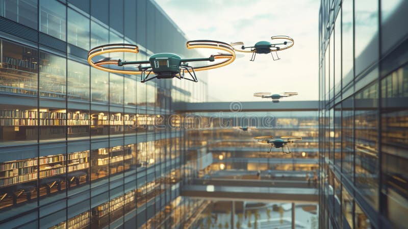 Drones Flying Over a Modern Urban Library Building at Sunset Stock ...