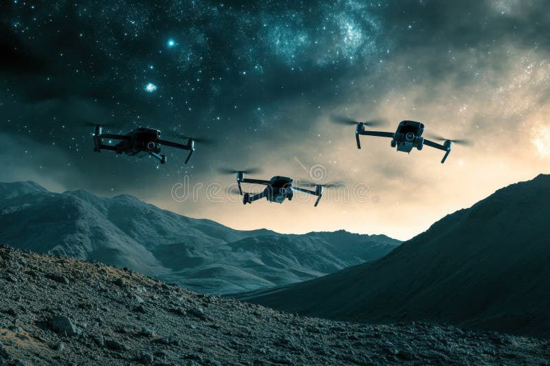 Drones Flying Over a Mountain Landscape Under a Starlit Sky at Night ...