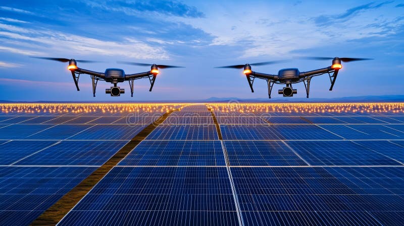 Drones Flying Over Solar Panels at Sunset, Showcasing Renewable Energy ...