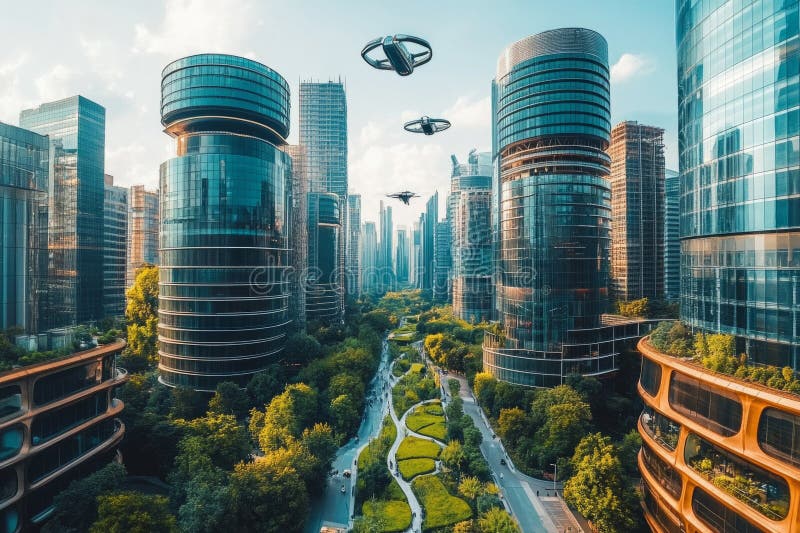 Drones Flying Over Sustainable Green City Covered in Trees and Plants ...