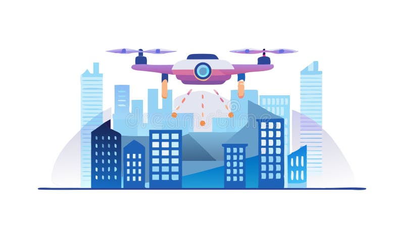 Drones Flying Over Urban Cityscape, Symbolizing Smart City, Vector ...
